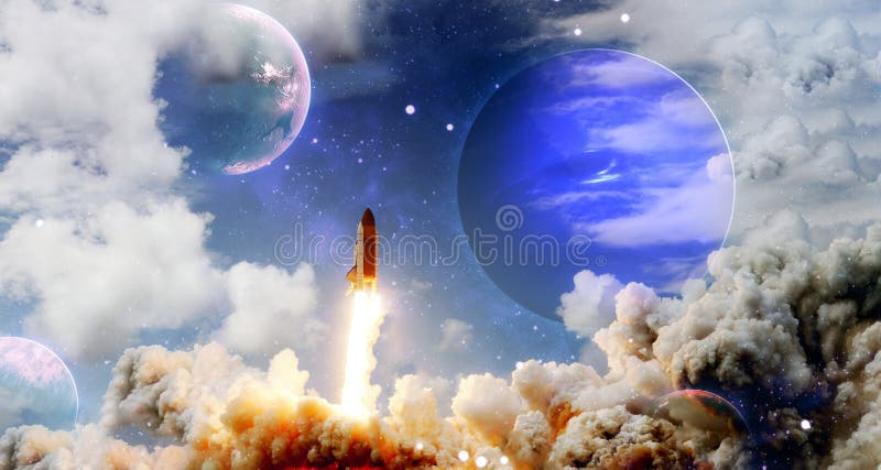 Space Shuttle Rockets Launch into Space on the Starry Sky. Spacecraft ...