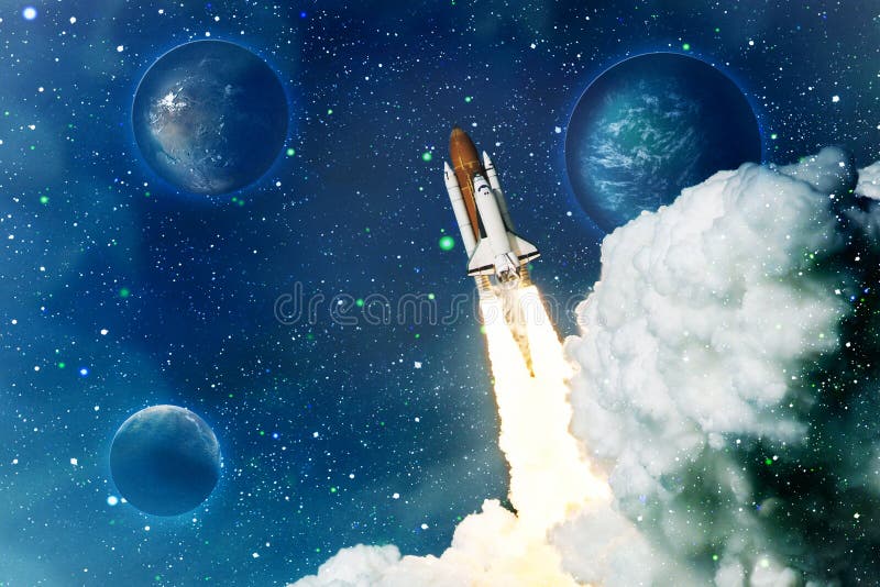 Space Shuttle Rockets Launch into Space on the Starry Sky. Spacecraft ...