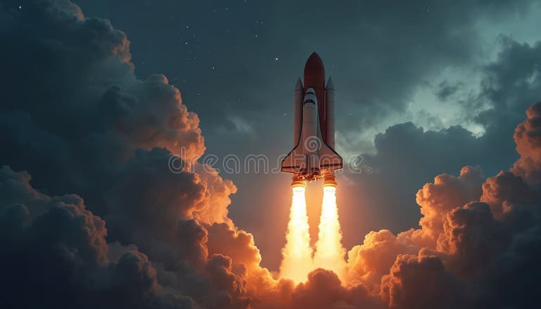 Space Shuttle Soars through Dark Clouds during Mission. Power, Ambition ...