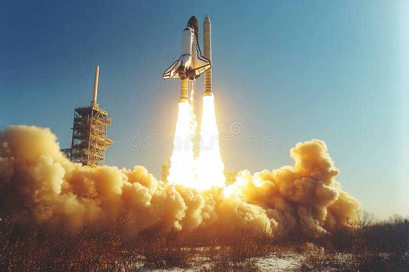 Space Shuttle Launch, Powerful Rocket Ascending into Clear Blue Sky ...