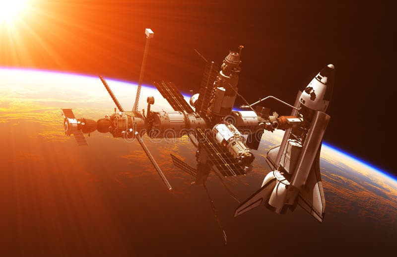 Space Shuttle and Space Station in the Rays of Sun Stock Illustration ...
