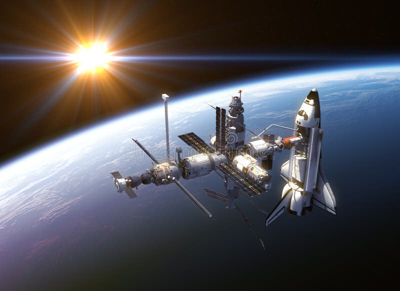 Space Shuttle and Space Station in the Rays of Sun Stock Illustration ...