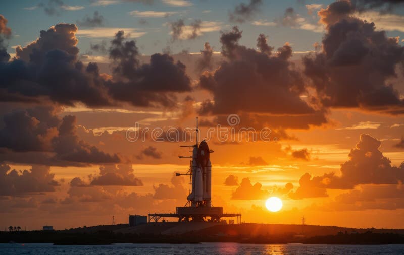 Space Shuttle Sunset Dramatic Orange Sky Silhouette Launchpad Rocket ...