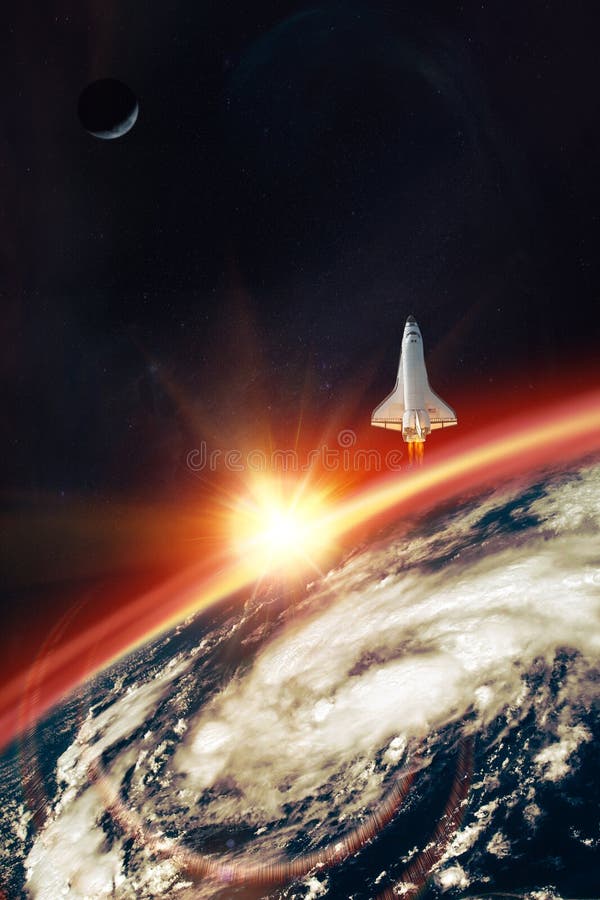 Space Shuttle Take Off in Low-Earth Orbit with Sun Light. Stock Image ...