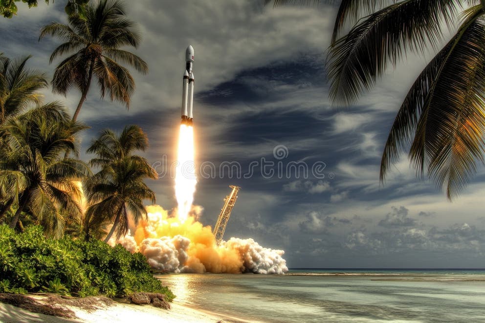Space Shuttle Takes Off from Beach with Palm Trees Stock Photo - Image ...
