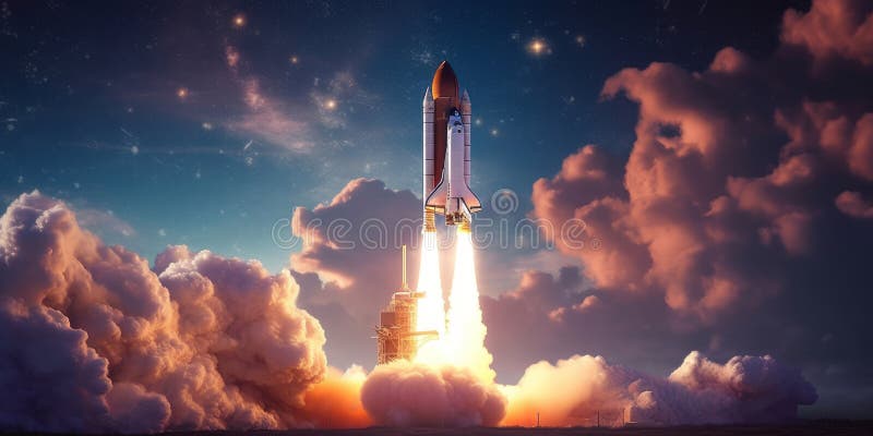 Space Shuttle Takes Off into the Night Sky on a Mission. Rocket Launch ...