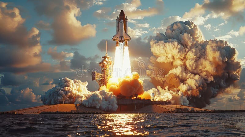 A Space Shuttle Takes Off into Space with Smoke and an Explosion. the ...