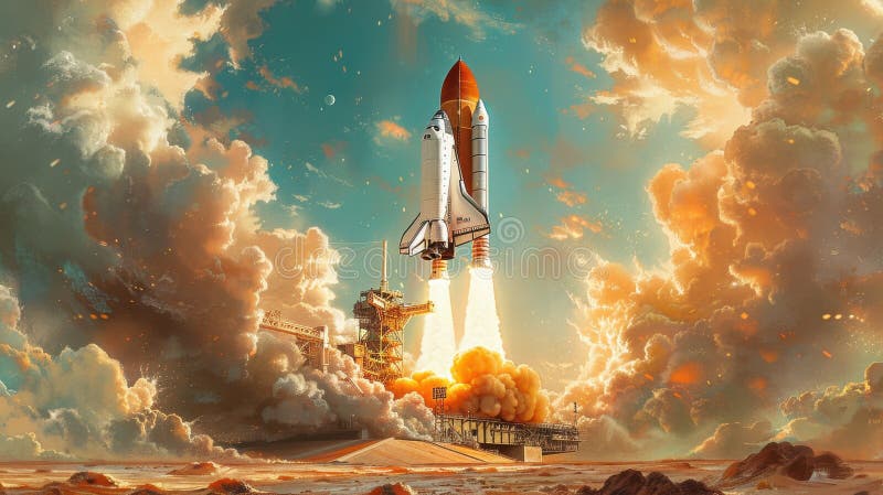 A Space Shuttle Takes Off into Space with Smoke and an Explosion. the ...