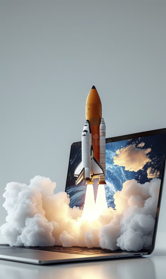 Laptop Screen Depicting Space Shuttle Launch into Orbit, Representing ...