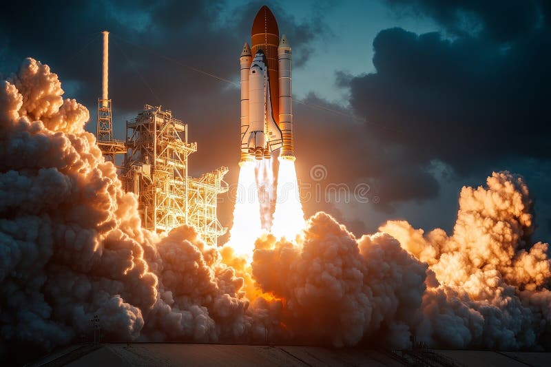 Space Shuttle Taking Off from Launchpad Surrounded by Smoke and Clouds ...