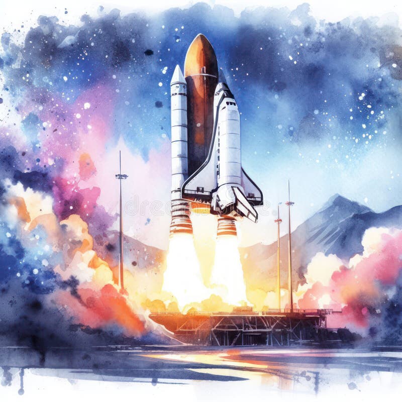 A Space Shuttle Taking Off into the Sky. Illustration Painted with ...