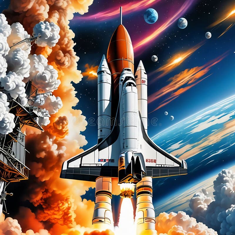 He Space Shuttle is Taking Off, Surrounded by Smoke and Colorful Clouds ...