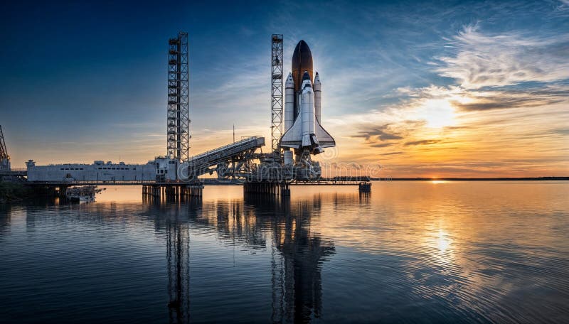 Space Shuttle on Towering Launch Pad at Sunset Over Water Reflection ...