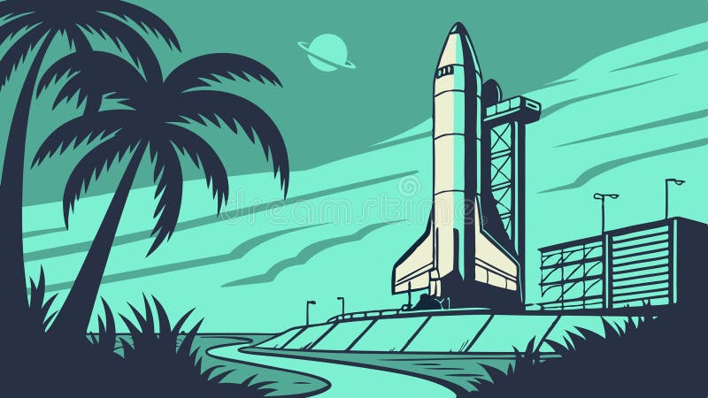 Space Shuttle by Tropical Lagoon, Future Coastal Base, Vector Design ...
