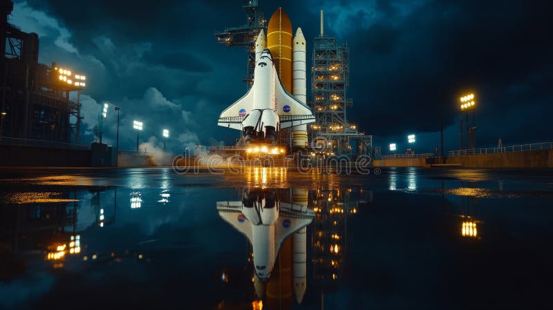 The Space Shuttle Waits on the Launch Pad Under the Night Sky, with the ...