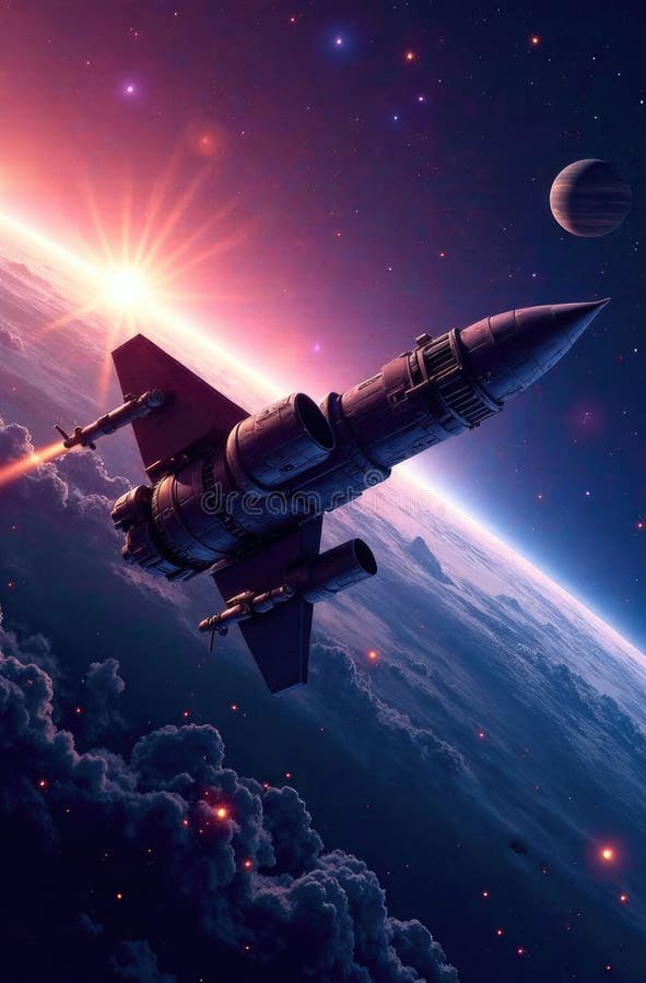 Space. a Spaceship Flies Over the Edge of the Earth between Stars and ...