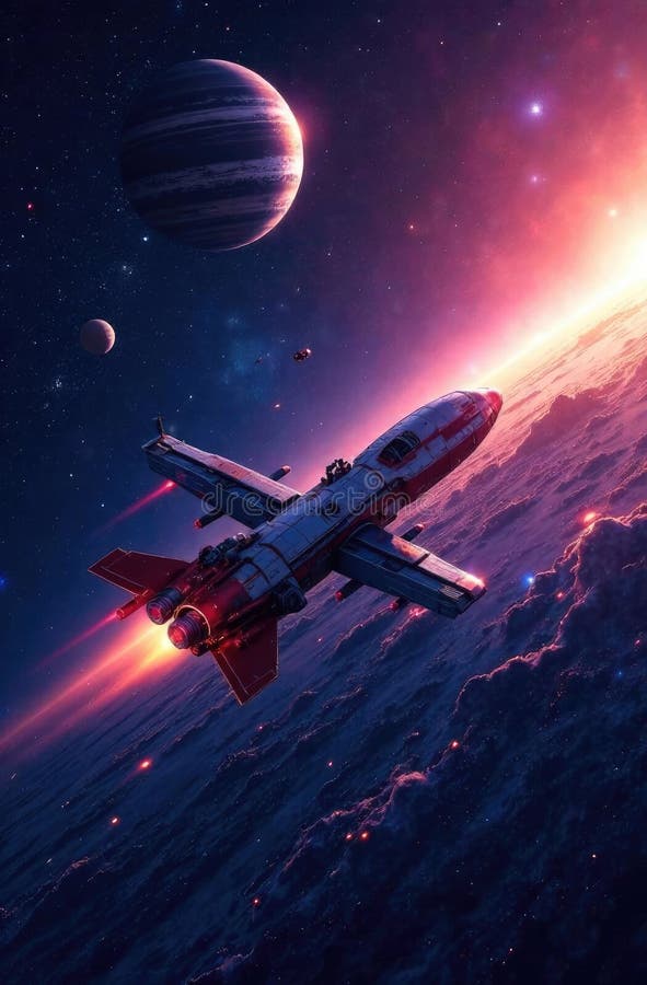 Space. a Spaceship Flies Over the Edge of the Earth between Stars and ...