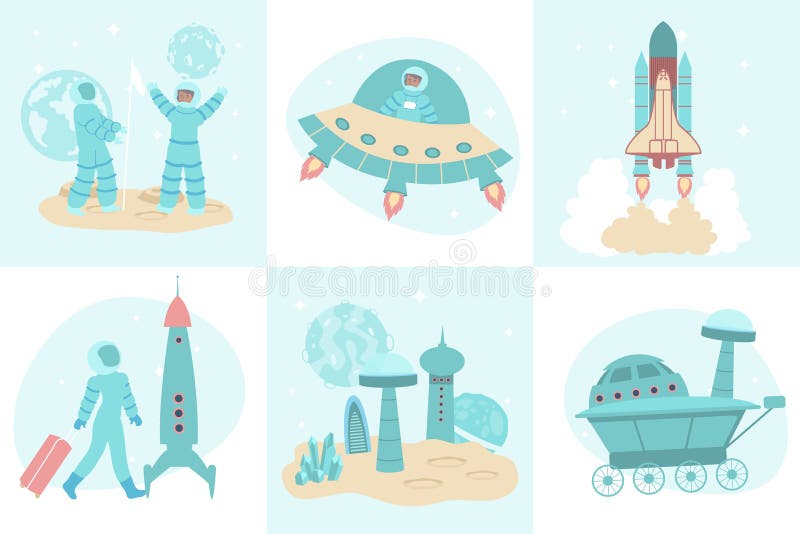 Space Square Compositions Set Stock Vector - Illustration of station ...
