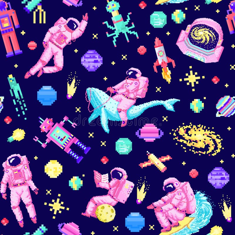 Space Stars Seamless Pattern. Alien Spaceman, Robot Rocket and ...