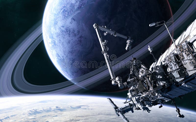Space Station on Background of Blue Planet with a System of Rings in ...