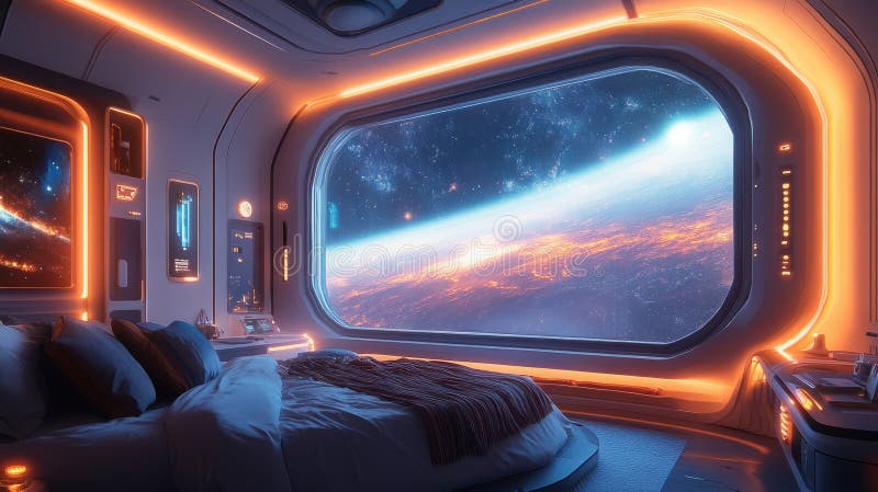 Space Station Bedroom, a Cozy Bedroom on a Space Station Featuring a ...