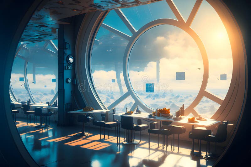 Space Station Cafe Interior with Large Round Window with Cloudy ...