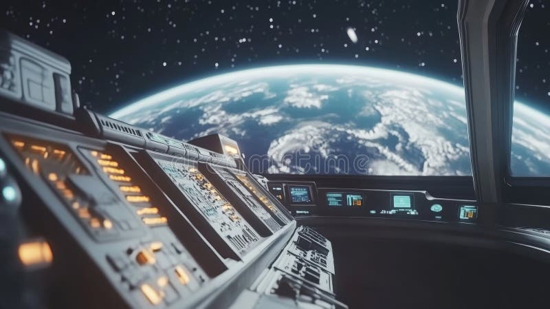 Space Station Control Panel with View of Earth from Orbit Stock Image ...