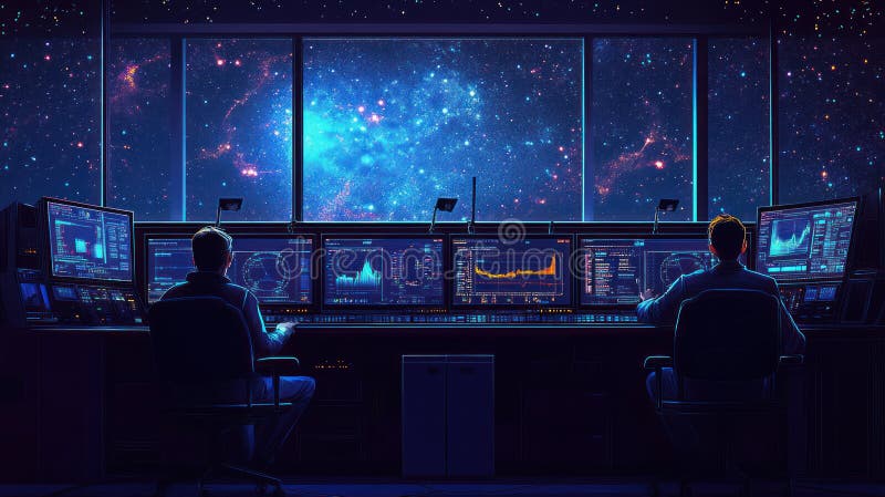 Space Station Control Room View of Nebula Stock Illustration - Illustration of window, nighttime ...