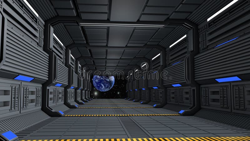 Space Station Corridor and Spacewalk. 3D Rendering Stock Illustration ...