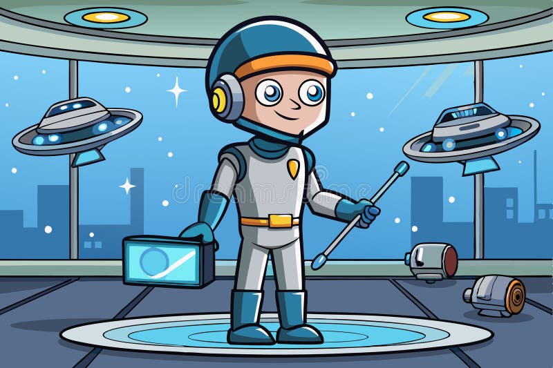 Space Station Janitor in Sleek Uniform Cleaning with High Tech Tools ...