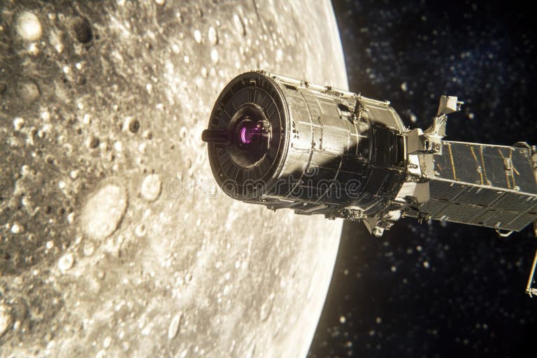 A Space Station in Lunar Orbit with Modules and Solar Panels Stock ...