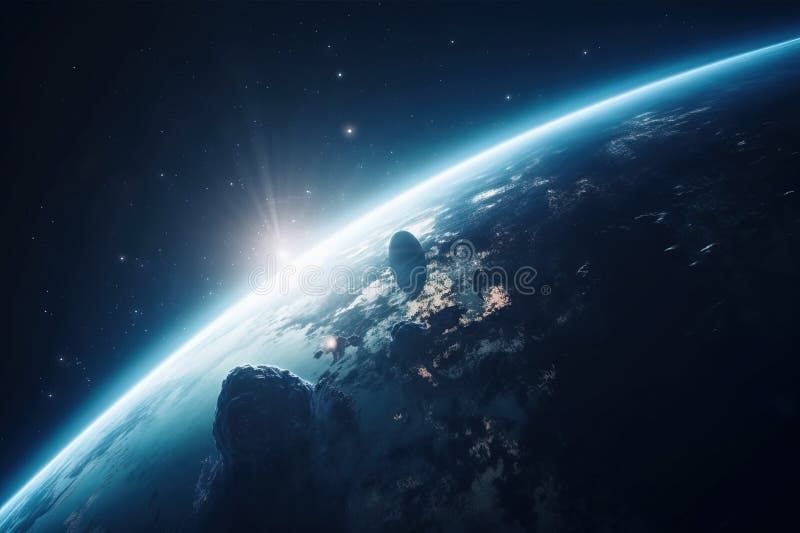 A Space Station in the Middle of the Earth with the Sun Behind it and a ...