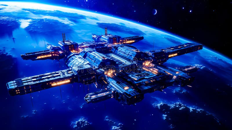 Space Station in the Middle of the Earth with View of the Moon ...