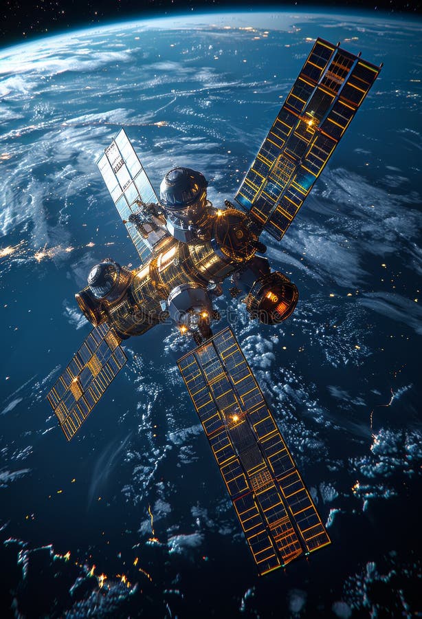 Space Station on Orbit of the Earth Planet. a Satellite in Orbit Over ...