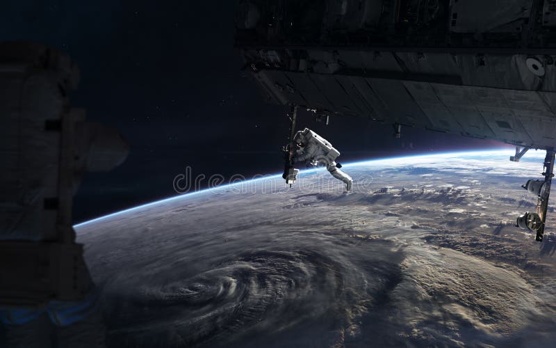 Space Station in Orbit of Planet Earth. Solar System Stock Illustration ...