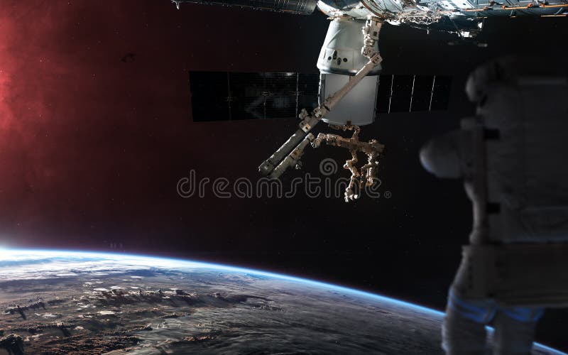 Space Station in Orbit of Planet Earth. Solar System Stock Image ...