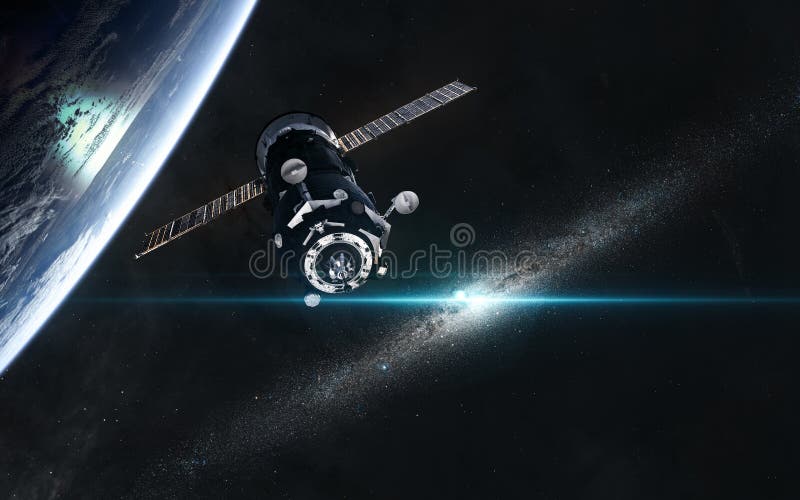 Space Station in Orbit of the Planet. Galaxy Disc Somewhere in Deep ...