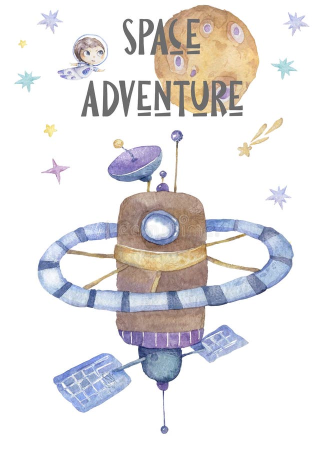 World Space Station Orbiting Around Earth, Cute Watercolor Cartoon ...