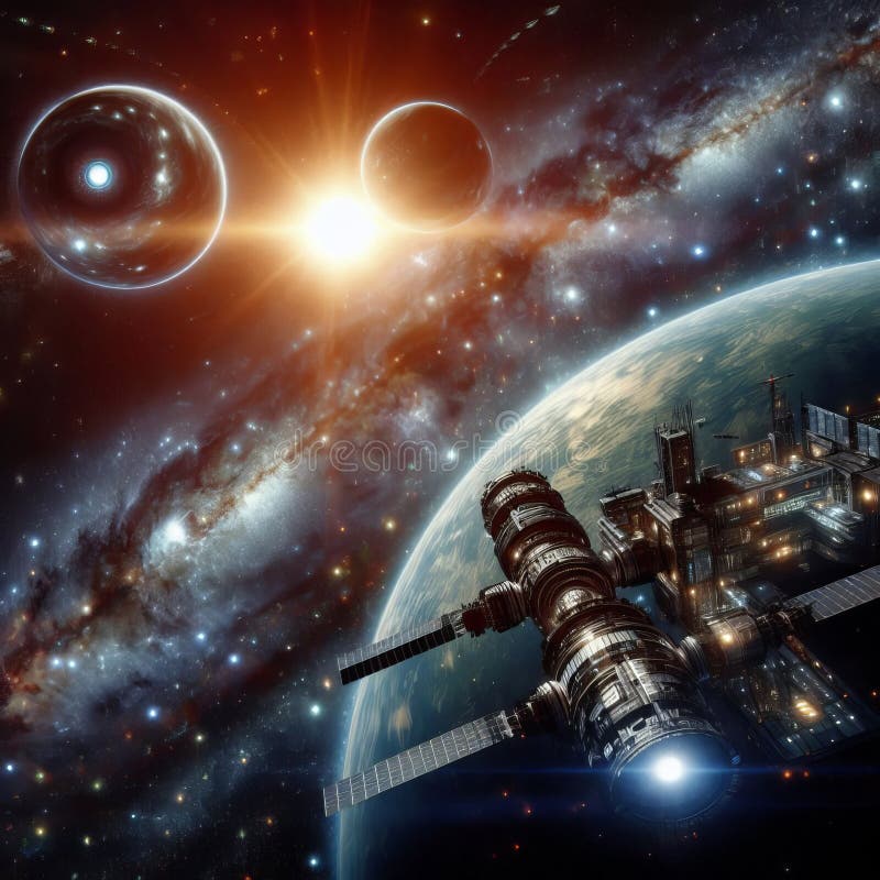 A Space Station Orbiting a Binary Star System, Its Inhabitants Stock ...