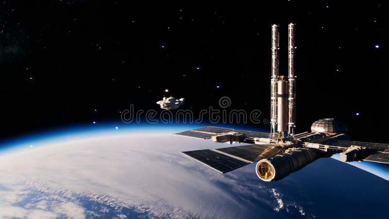 Space Station Orbiting Earth with Approaching Spacecraft Stock Footage ...