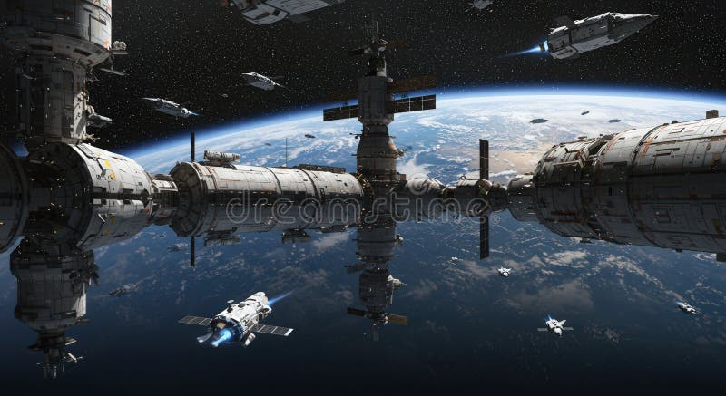 Space Station Orbiting Earth with Astronauts and Spacecraft Stock Image ...
