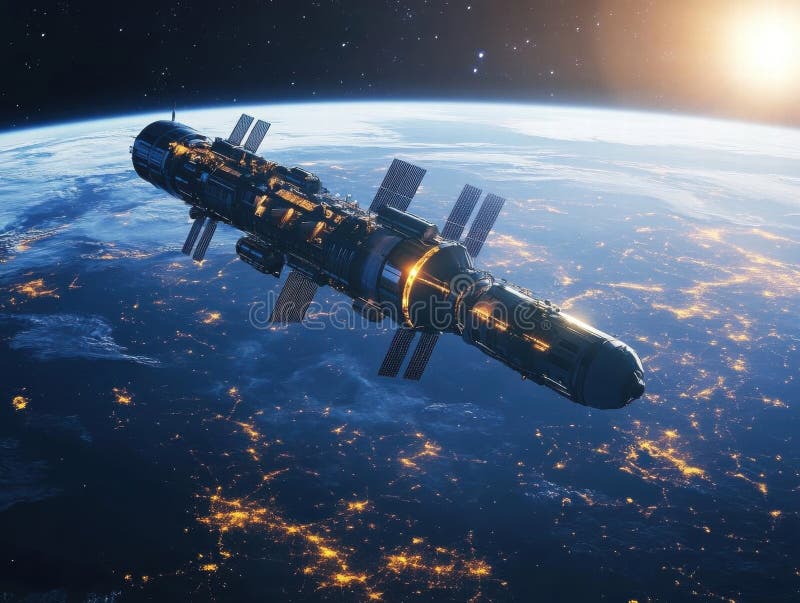 Space Station Orbiting Earth with City Lights Stock Photo - Image of ...