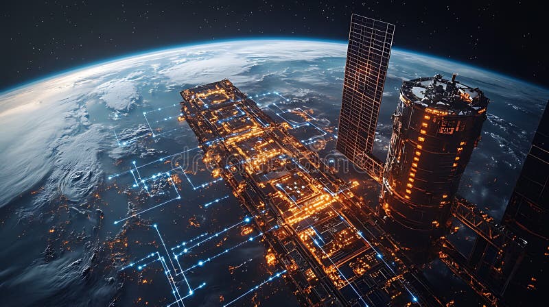 Space Station Orbiting Earth, Global Network, Night Stock Illustration ...