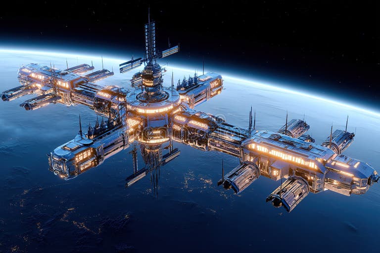 Space Station Orbiting Earth at Night Showcasing Advanced Technology ...