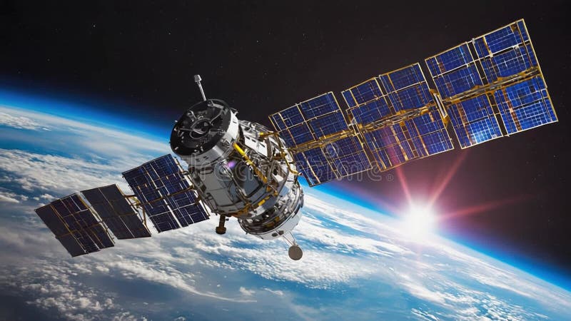 Space Station Orbiting Earth with Solar Panels Deploying in Space Stock ...