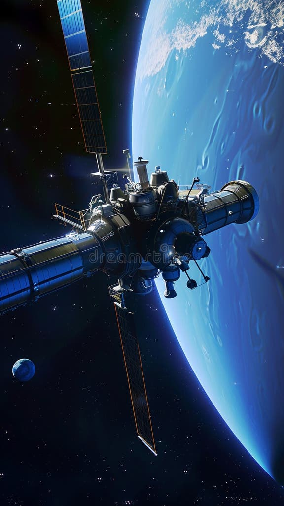 Space Station Orbiting Neptune Stock Illustration - Illustration of ...