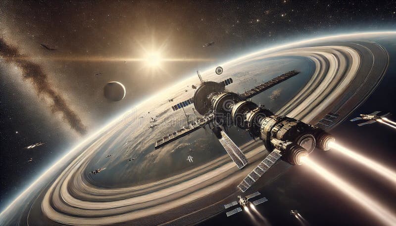 Space Station Orbiting Planet with Rings Stock Illustration ...