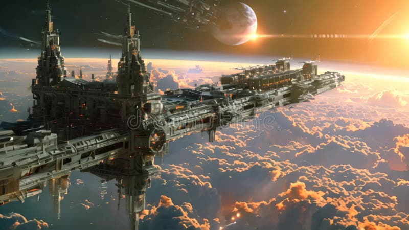 A Space Station Orbits Around the Core of the Earth in the Vastness of ...