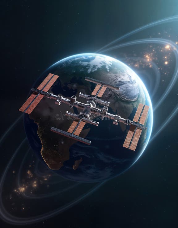 Space Station Orbits Earth in Space. Advanced Tech Station Shown in ...