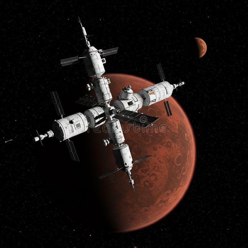 A Space Station Orbits Mars, Showcasing a Modular Structure with ...